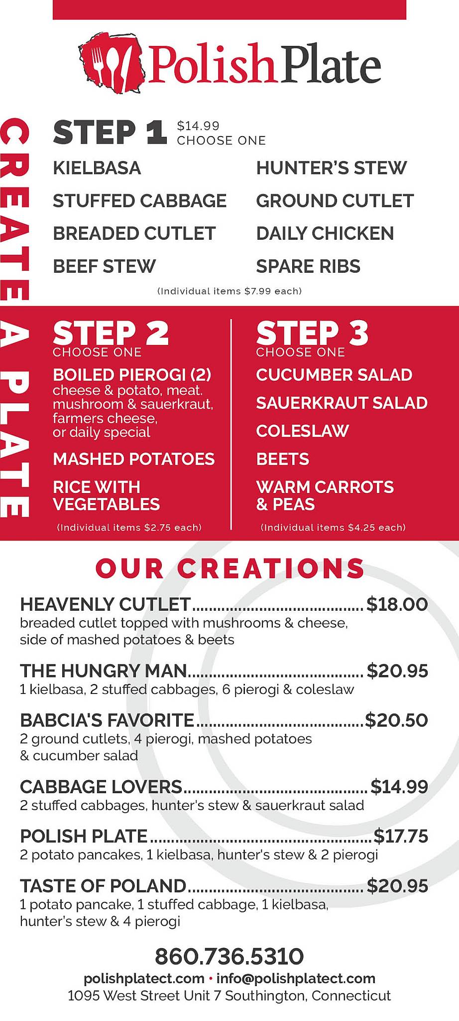 Menu at PolishPlate restaurant, Southington