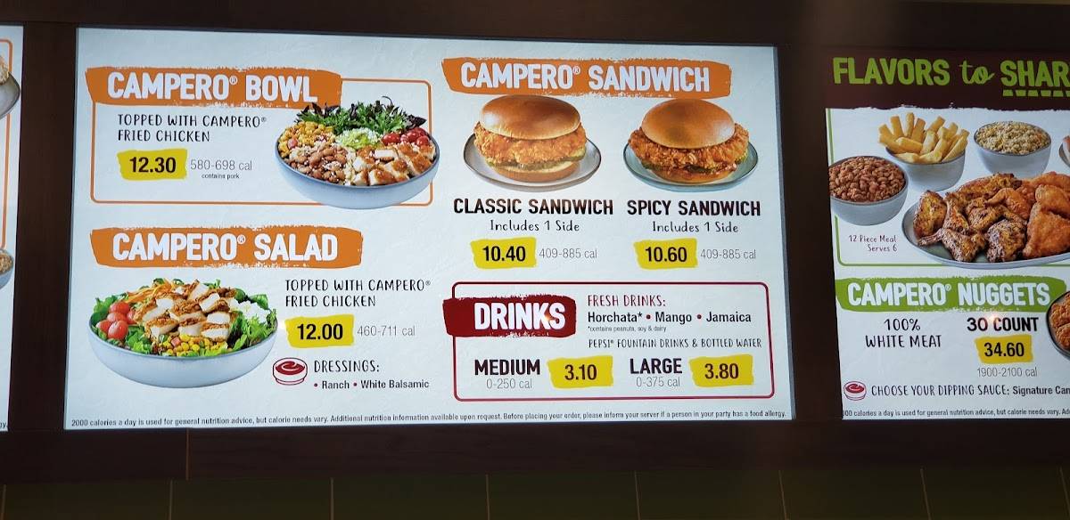 Menu at Pollo Campero fast food, Fontana