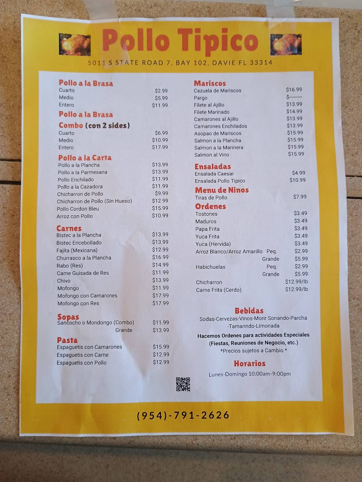 Menu at Pollo Tipico restaurant, Davie, FL-7