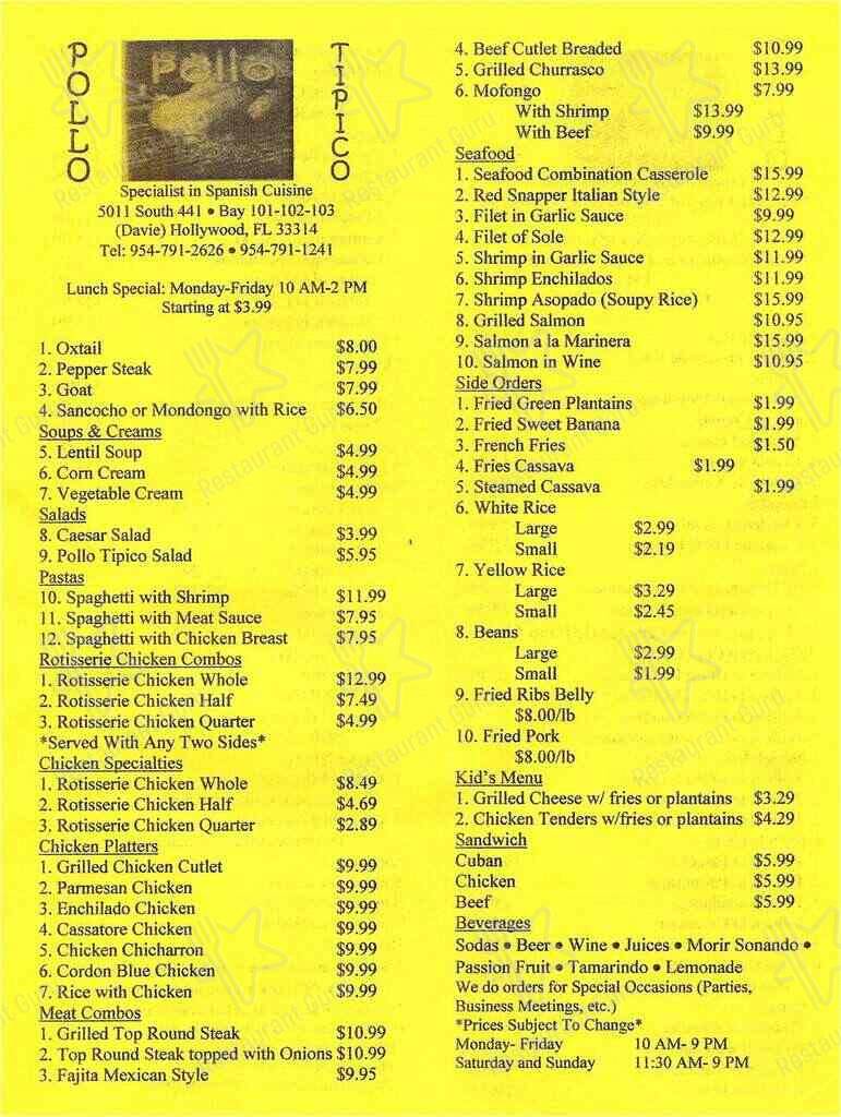 Menu at Pollo Tipico restaurant, Davie, FL-7