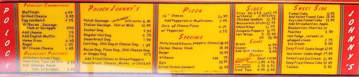 Menu at Polock Johnny's restaurant, Ocean City