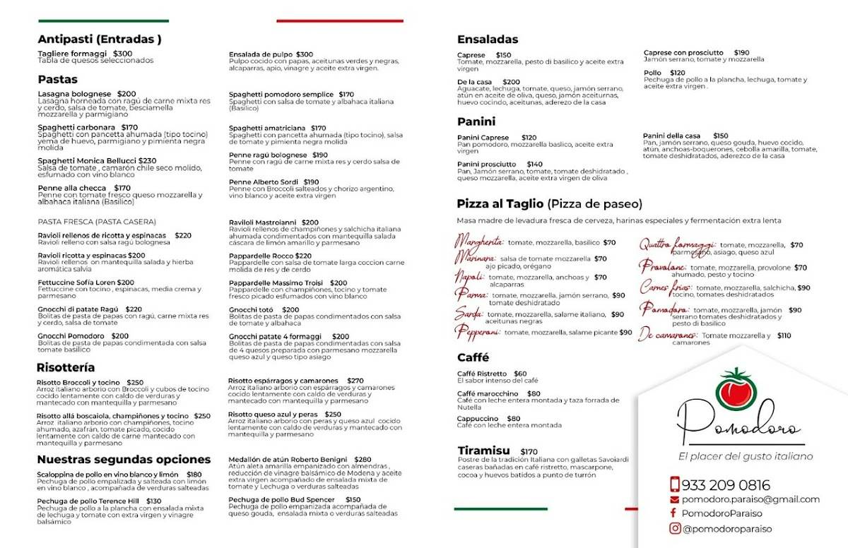 Carta del restaurante Pomodoro, Paraíso