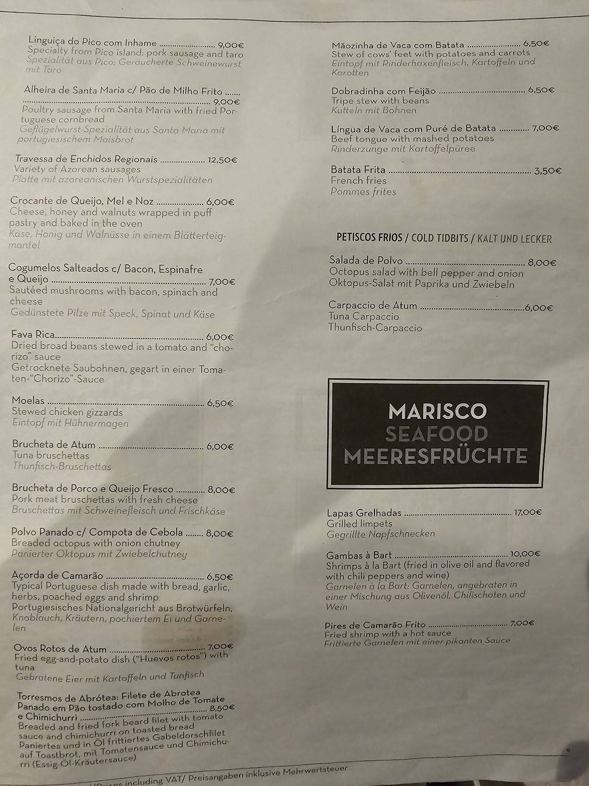 Menu at A Tasca restaurant, Ponta Delgada