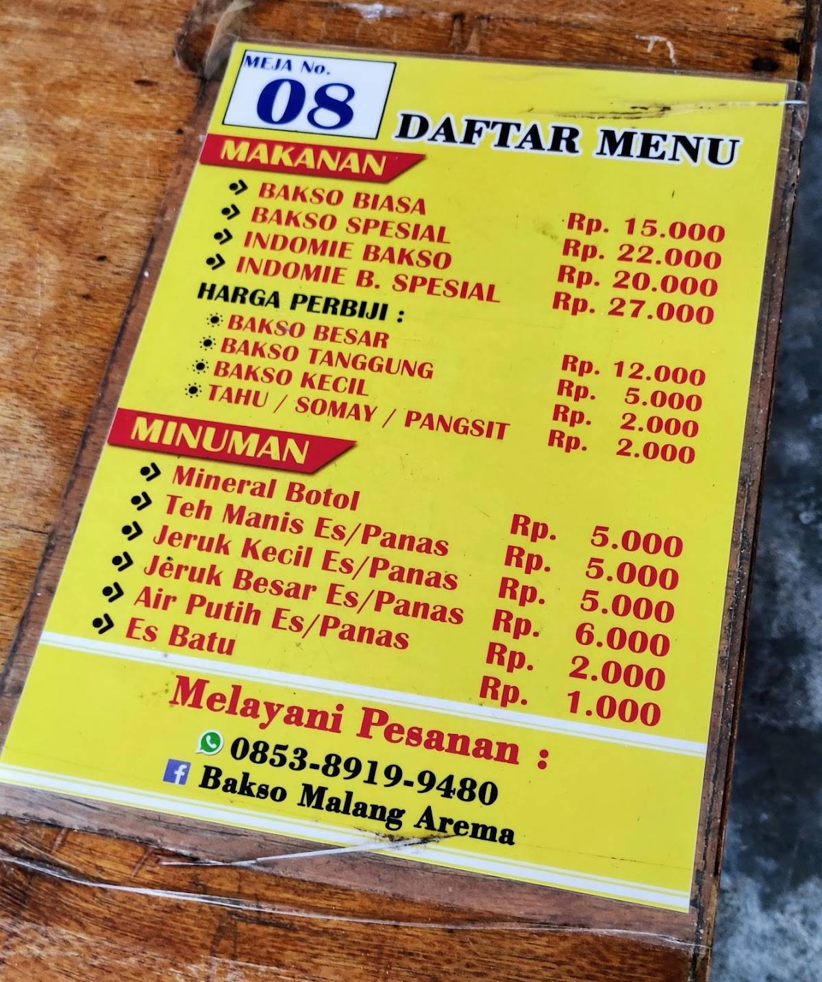 Menu at Bakso Malang Arema restaurant, Pontianak, X8FM+R5X