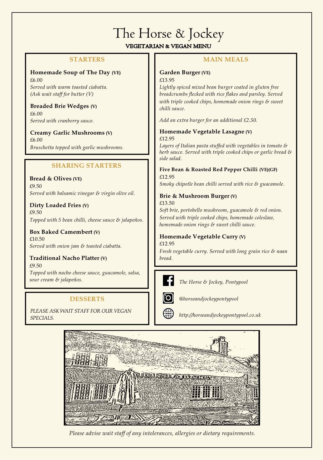 Menu at The Horse & Jockey pub & bar, Pontypool, Usk Rd
