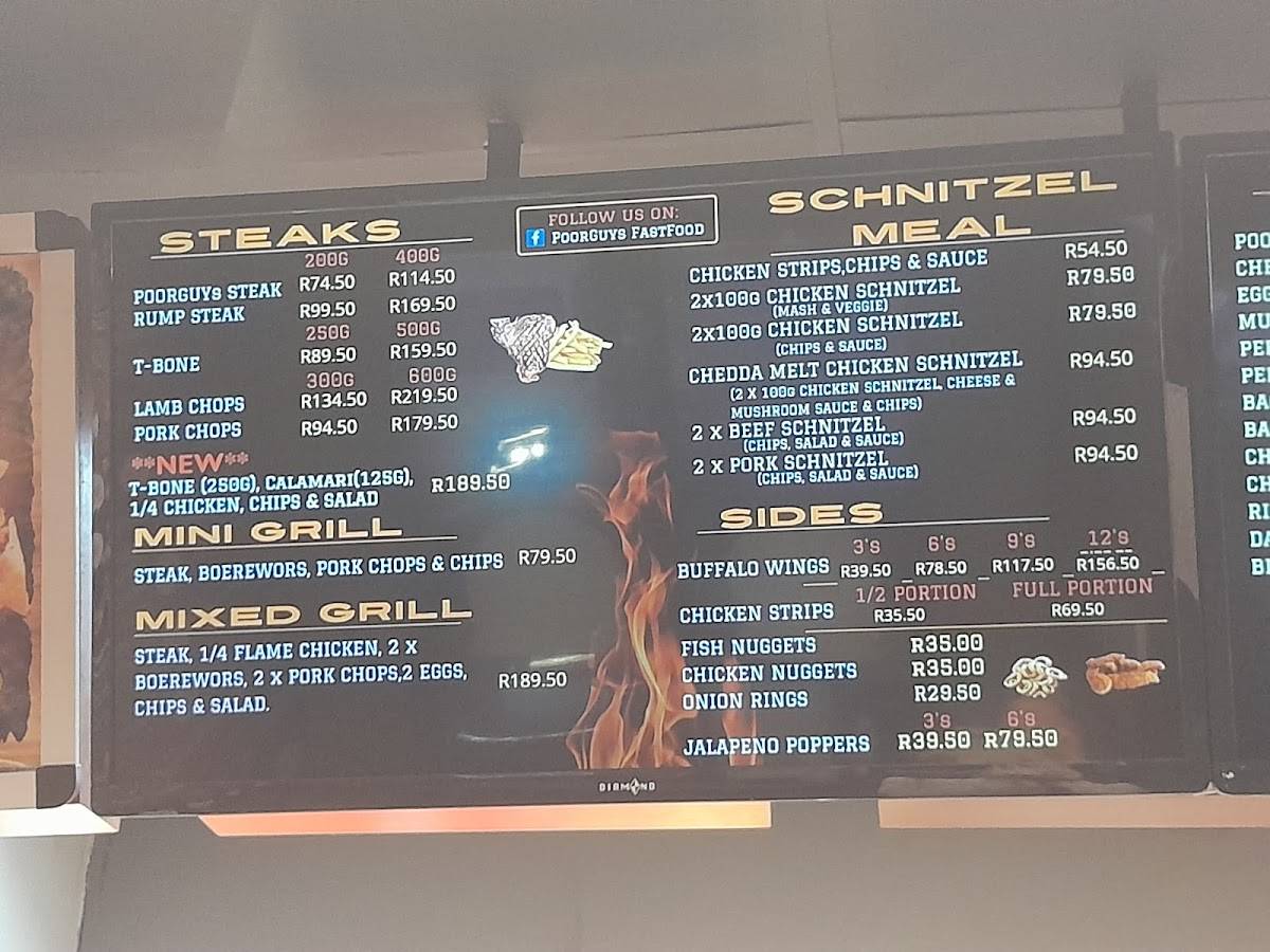 Menu at Poor Guys Fast Food, Pretoria