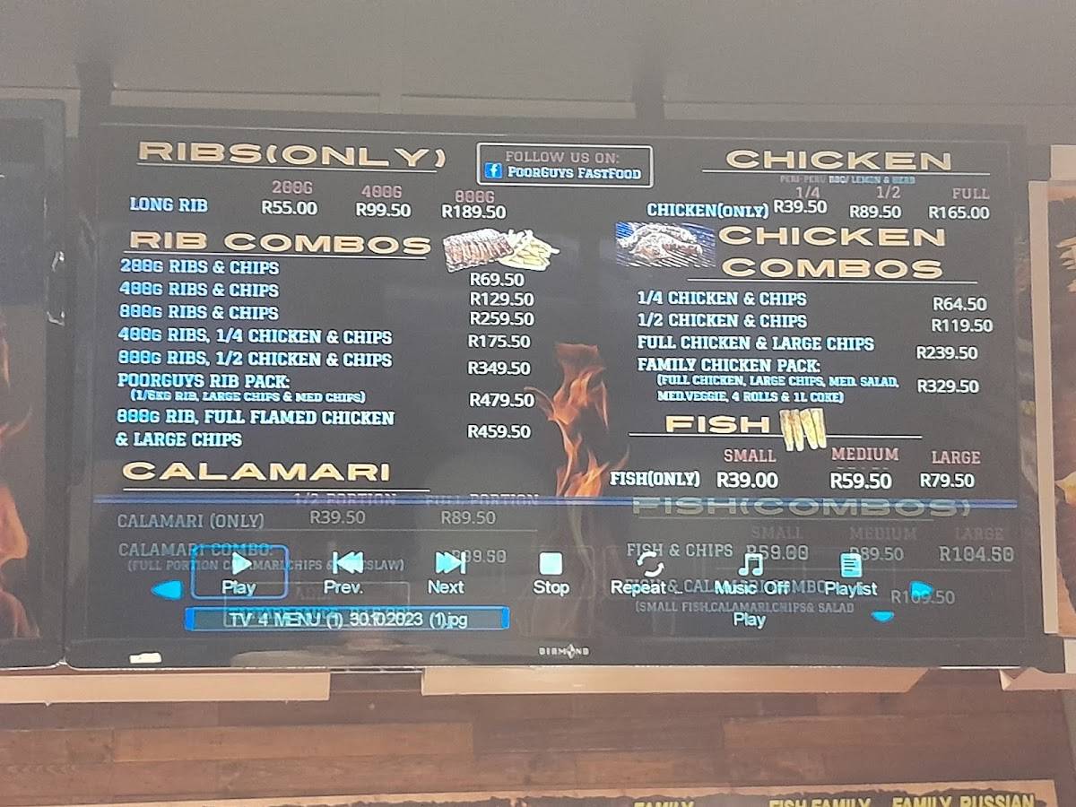 Menu at Poor Guys Fast Food, Pretoria