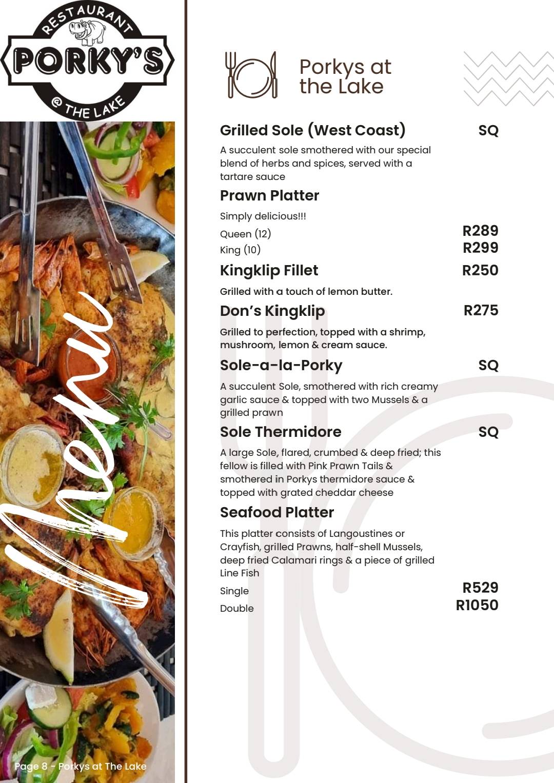 Menu at Porkys at The Lake restaurant, Richards Bay