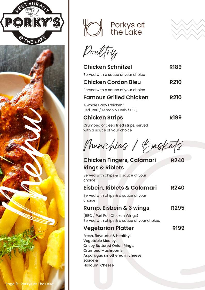 Menu at Porkys at The Lake restaurant, Richards Bay