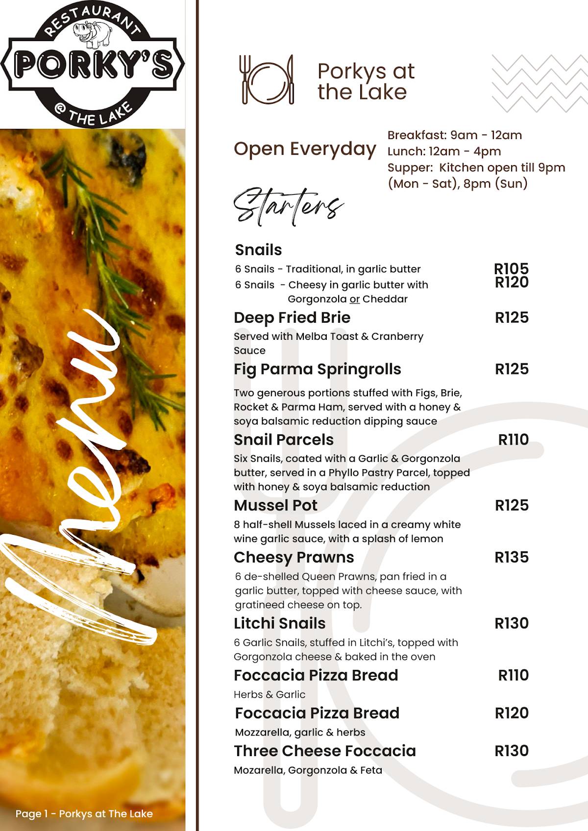 Menu at Porkys at The Lake restaurant, Richards Bay