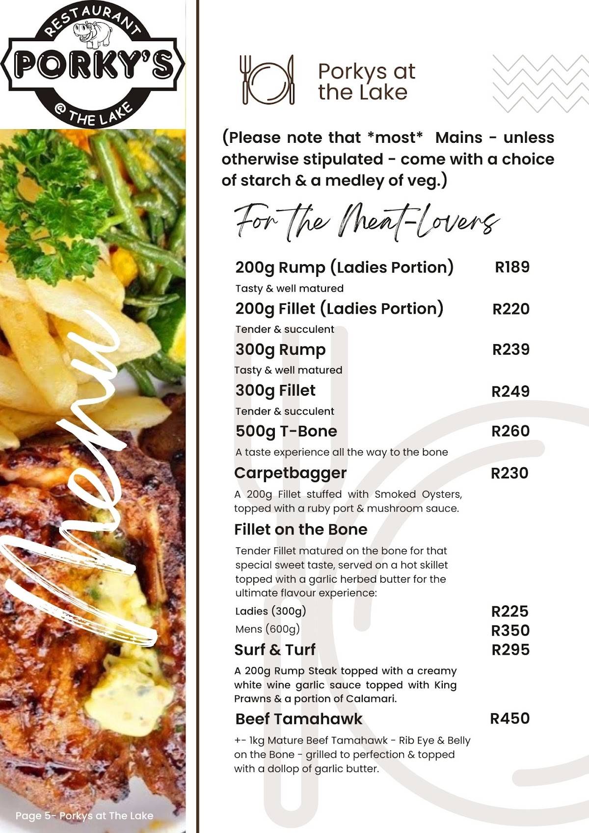 Menu at Porkys at The Lake restaurant, Richards Bay