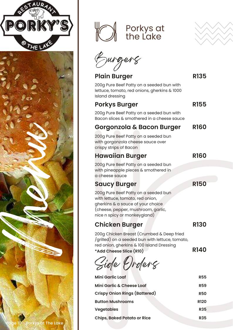 Menu at Porkys at The Lake restaurant, Richards Bay