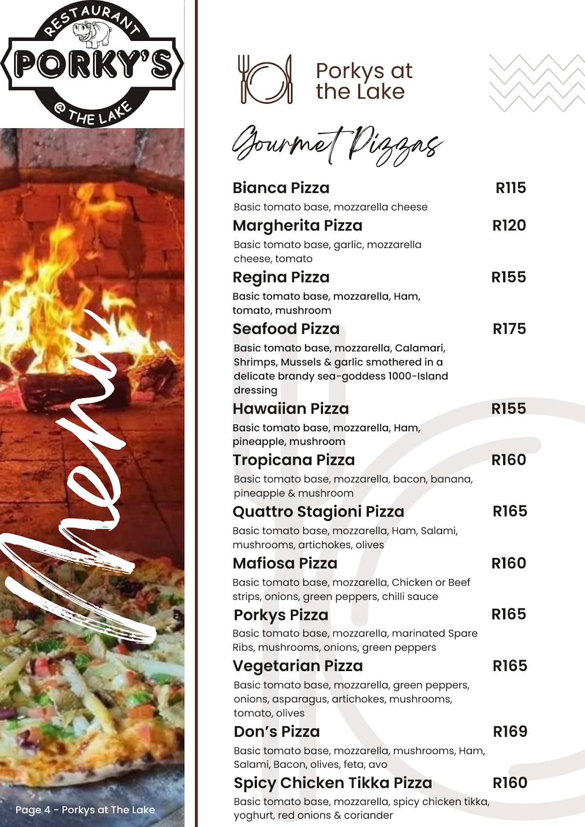 Menu at Porkys at The Lake restaurant, Richards Bay
