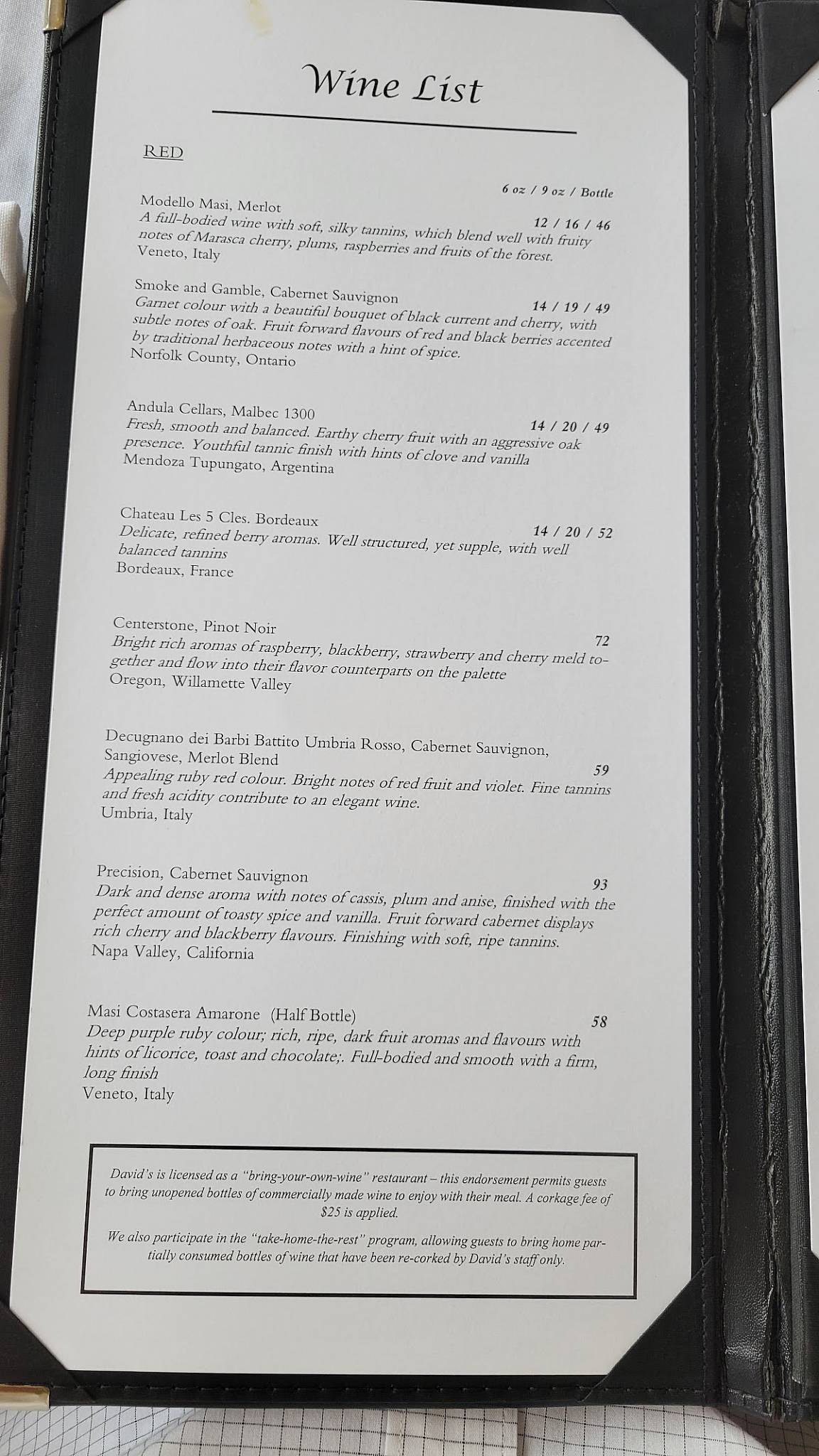 Menu at David's Restaurant, Port Dover