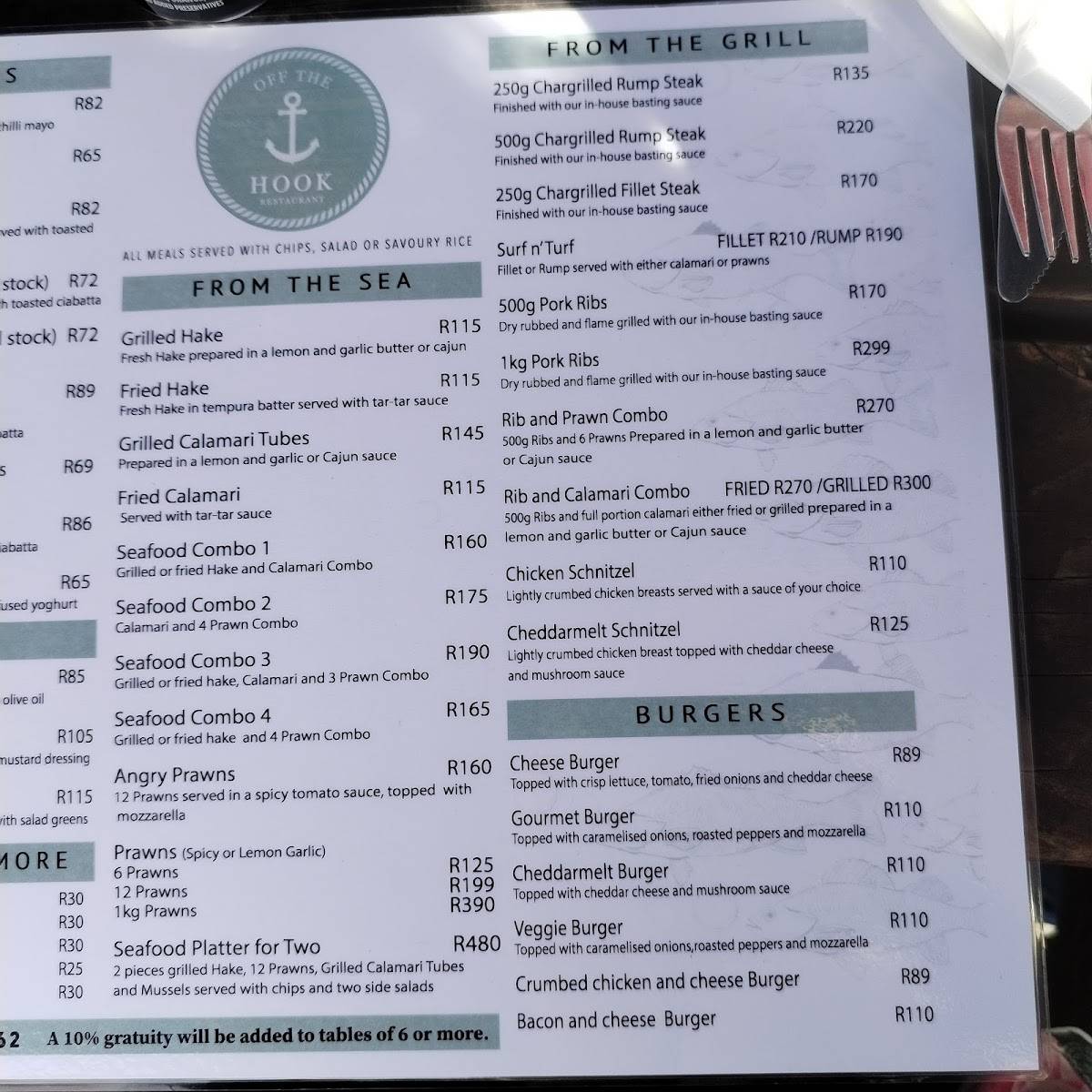 Menu at Off the Hook restaurant, Port Elizabeth