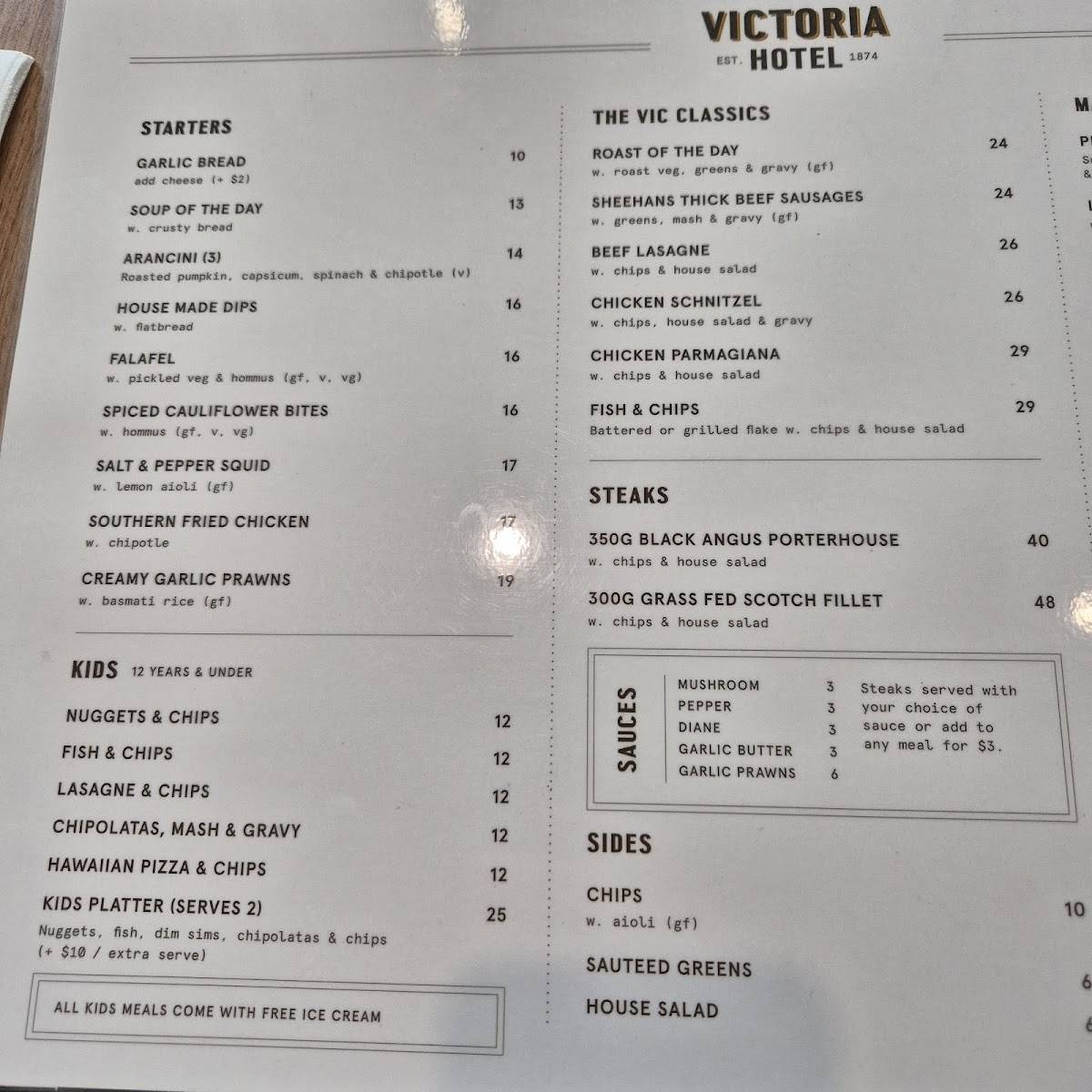 Menu at The Victoria Hotel restaurant, Port Fairy