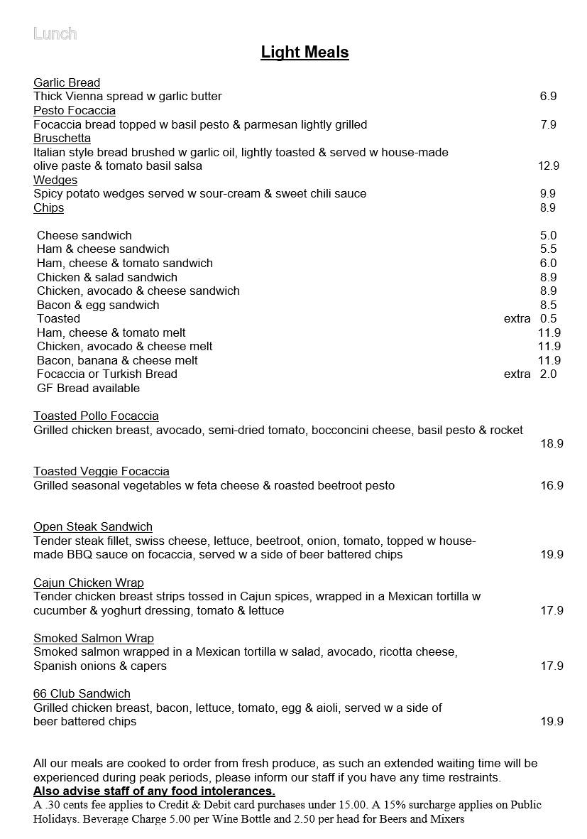 Menu at Cafe 66, Port Macquarie, 1/66 Clarence St