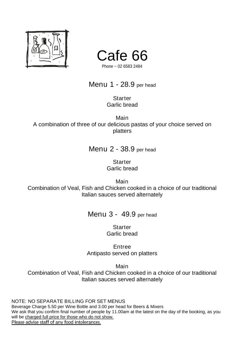 Menu at Cafe 66, Port Macquarie, 1/66 Clarence St