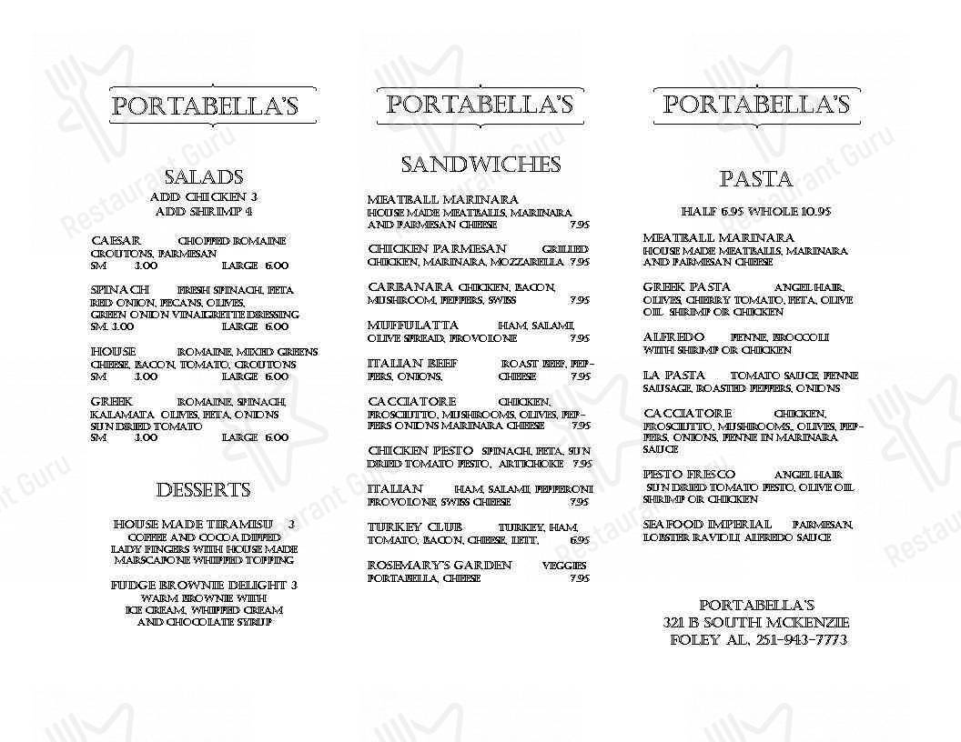 Menu at Portabella's pizzeria, Foley