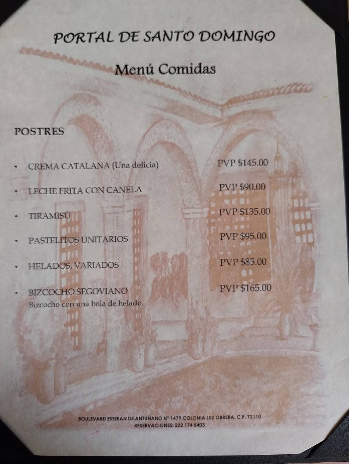 Menu at Portal de Santo Domingo restaurant, Puebla City