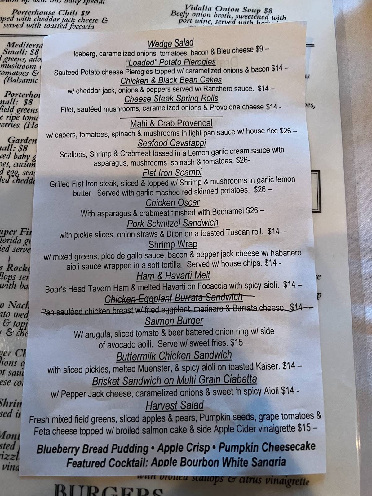 Menu at Porterhouse Restaurant & Pub, Lahaska
