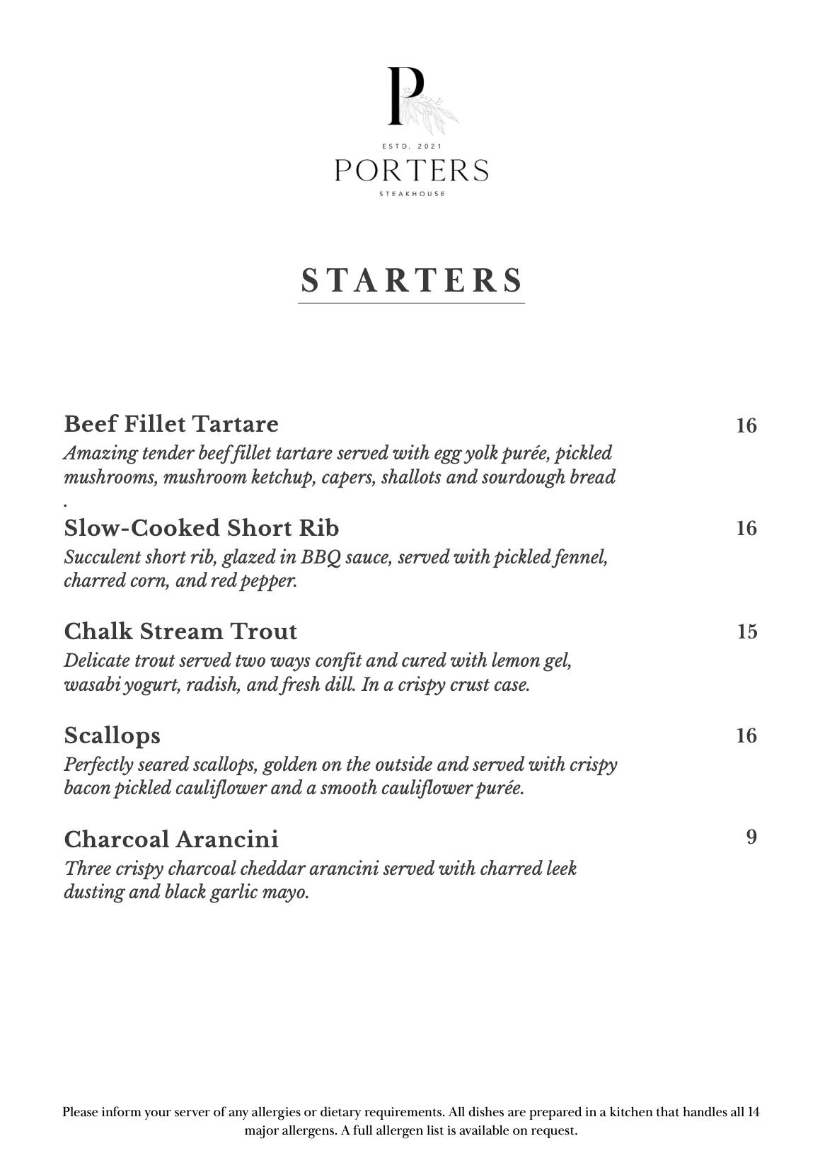 Menu at Porters Steakhouse, Southampton