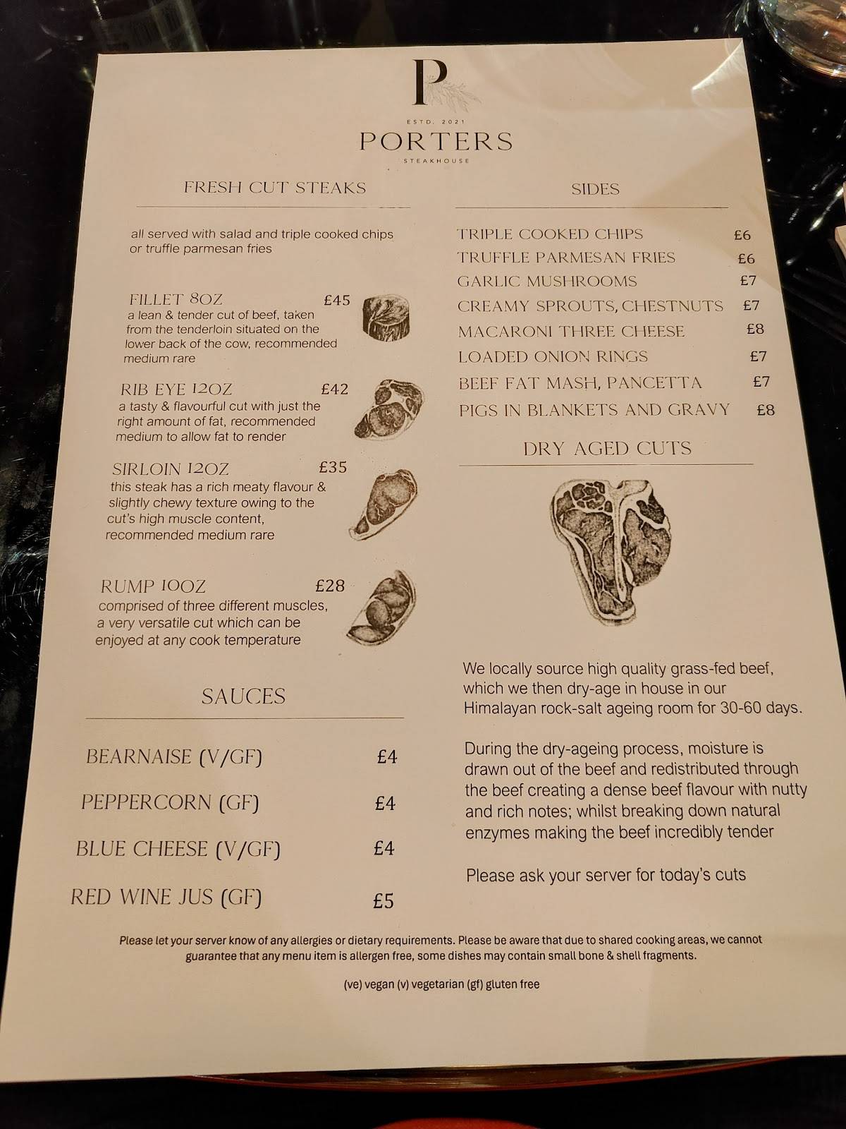 Menu at Porters Steakhouse, Southampton