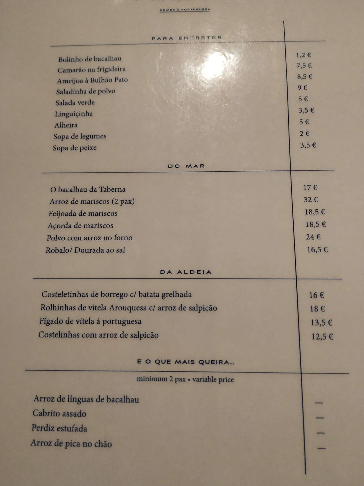 Menu at Taberna Dos Mercadores restaurant, Porto