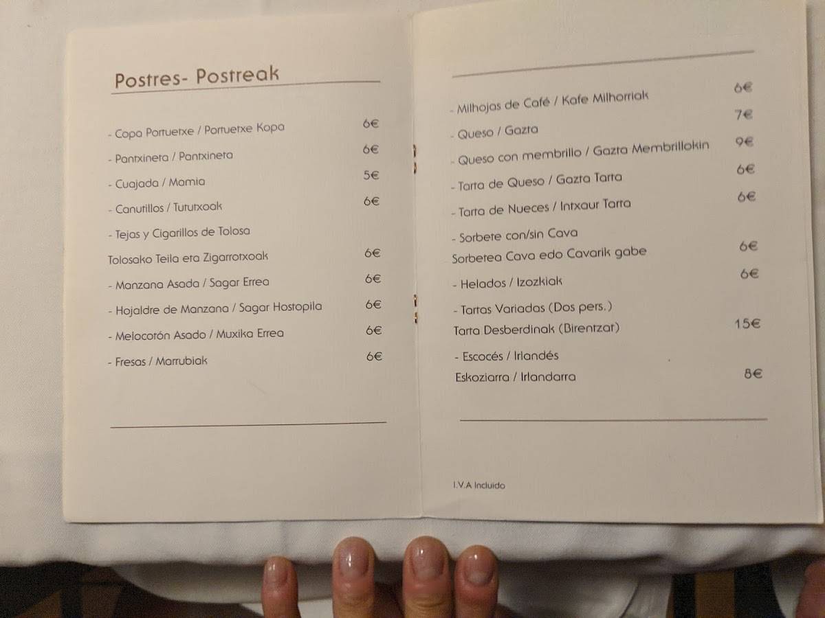 Carta de parrilla Portuetxe Erretegia, San Sebastián
