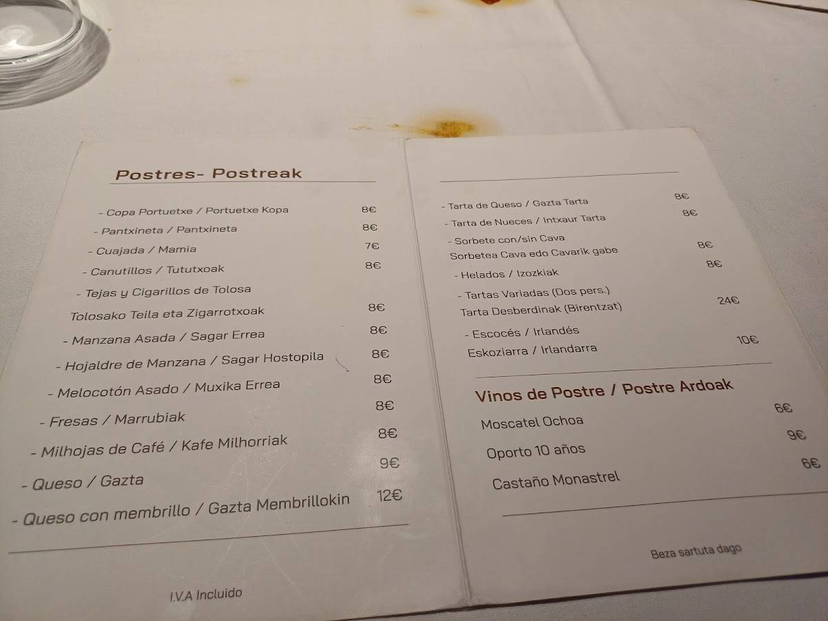 Menu at Portuetxe Erretegia steakhouse, San Sebastián