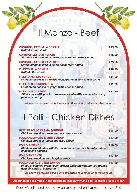 Menu at Positano restaurant, Plymouth