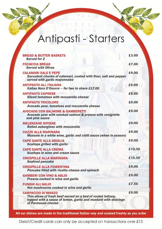 Menu at Positano restaurant, Plymouth