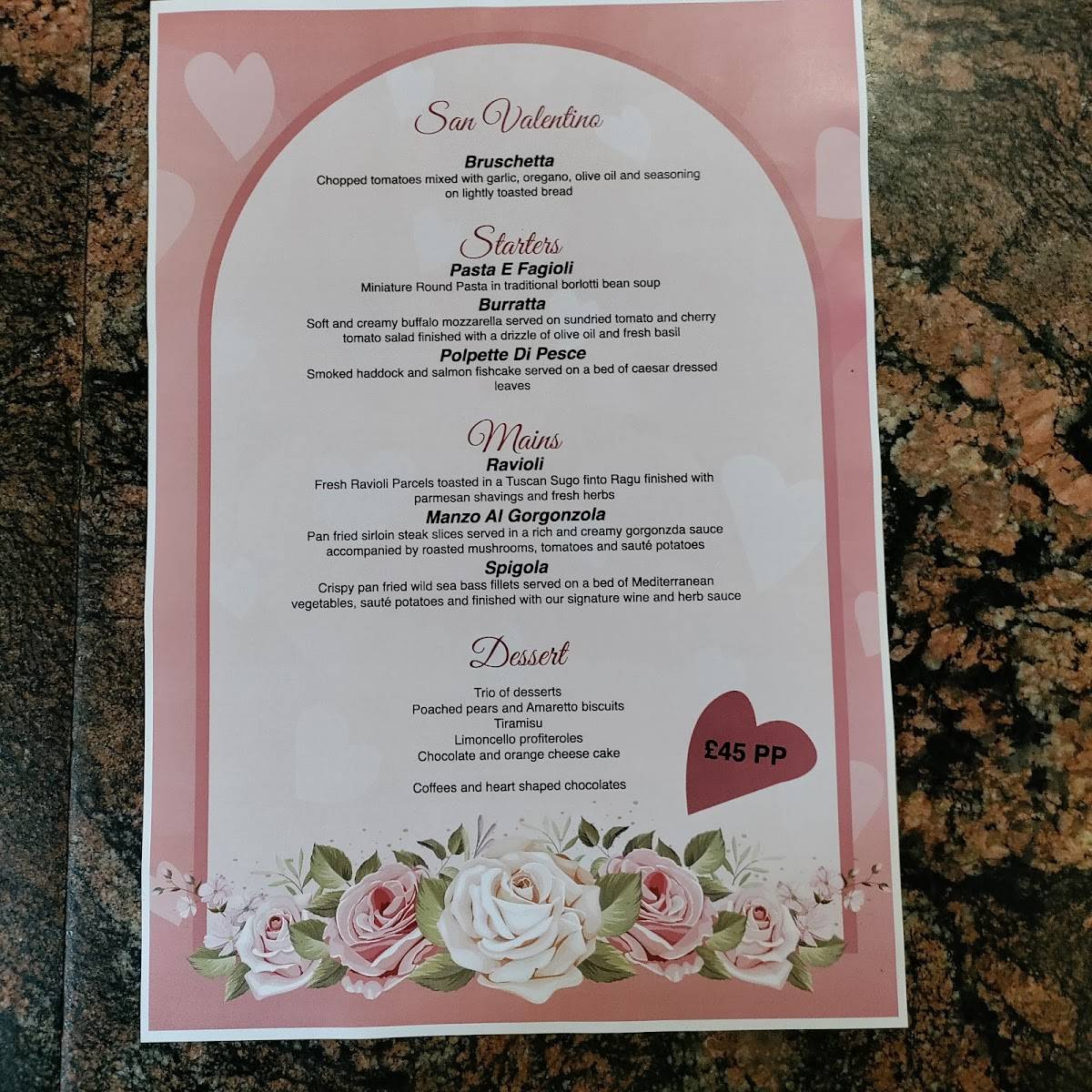 Menu at Positano restaurant, Plymouth