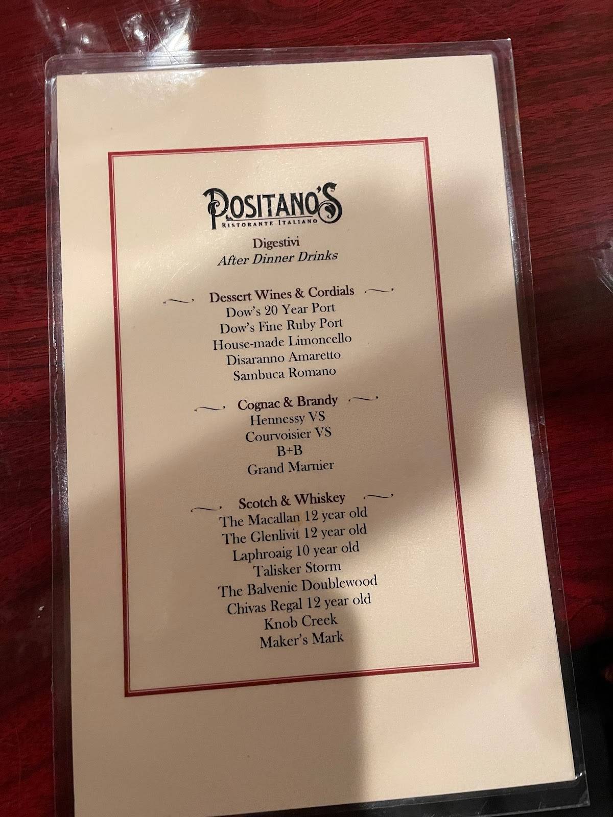 Menu at Positano's Ristorante restaurant, Palm Harbor