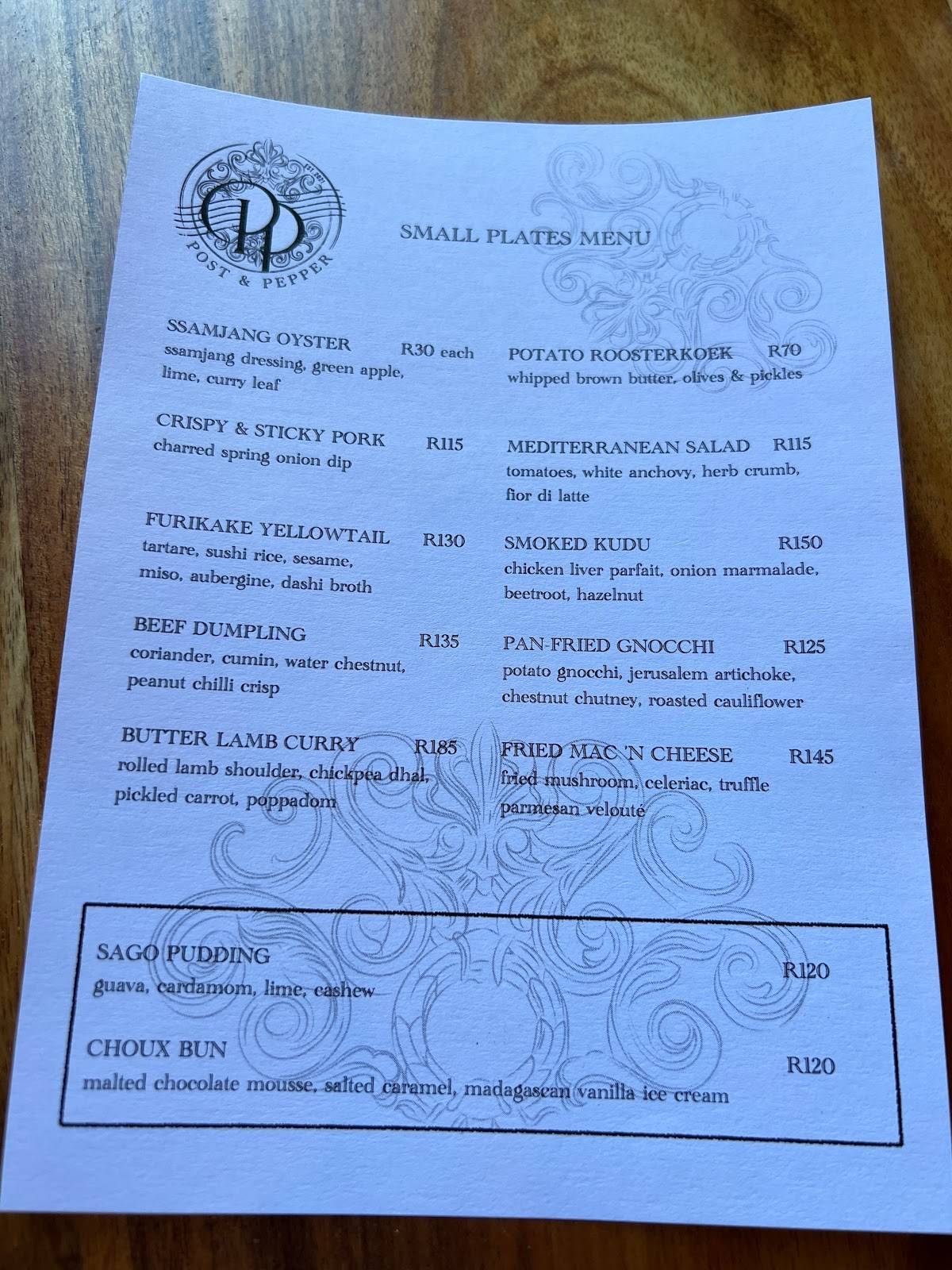 Carta de Post & Pepper Restaurant, Stellenbosch