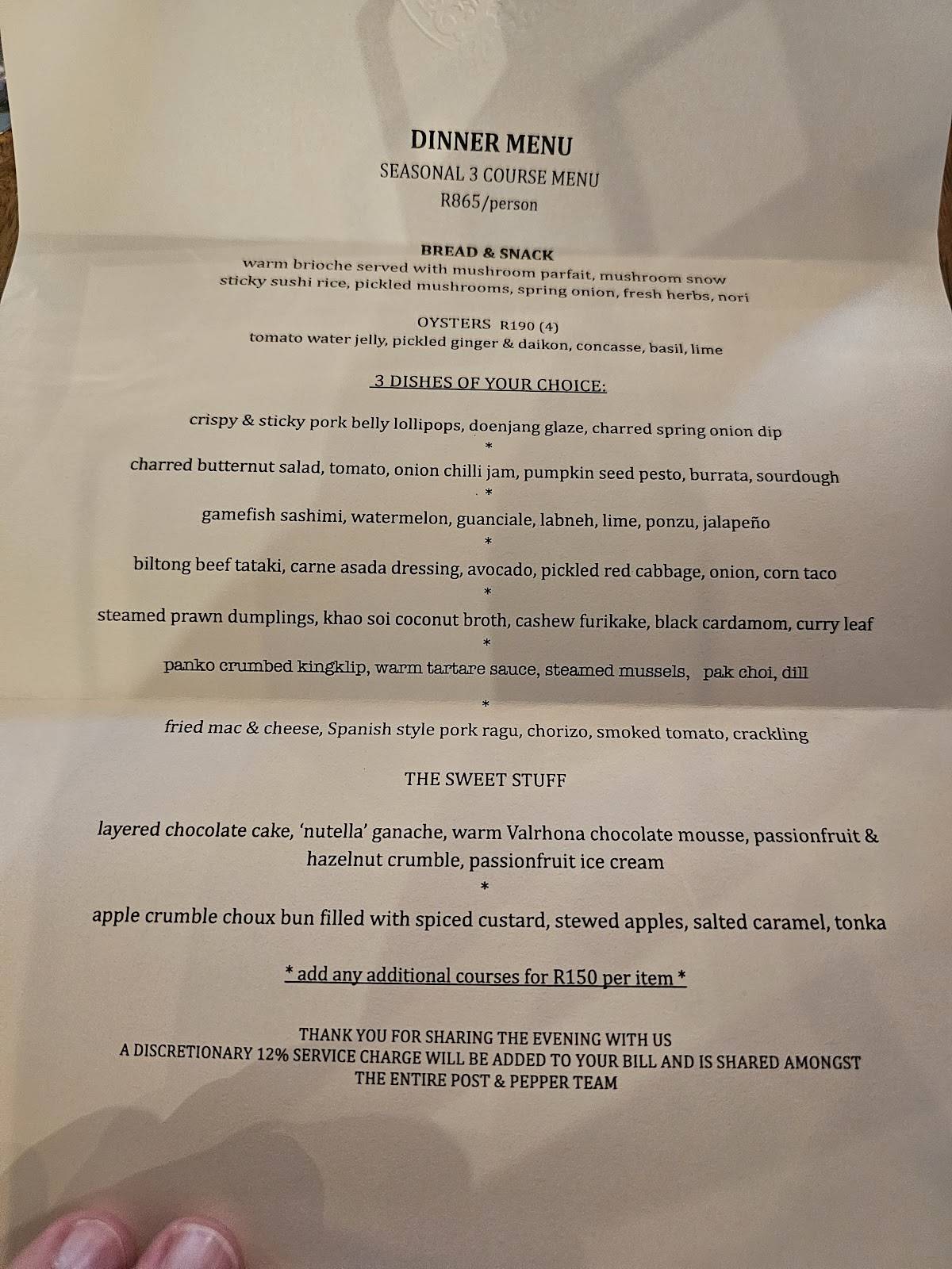 Menu at Post & Pepper Restaurant, Stellenbosch