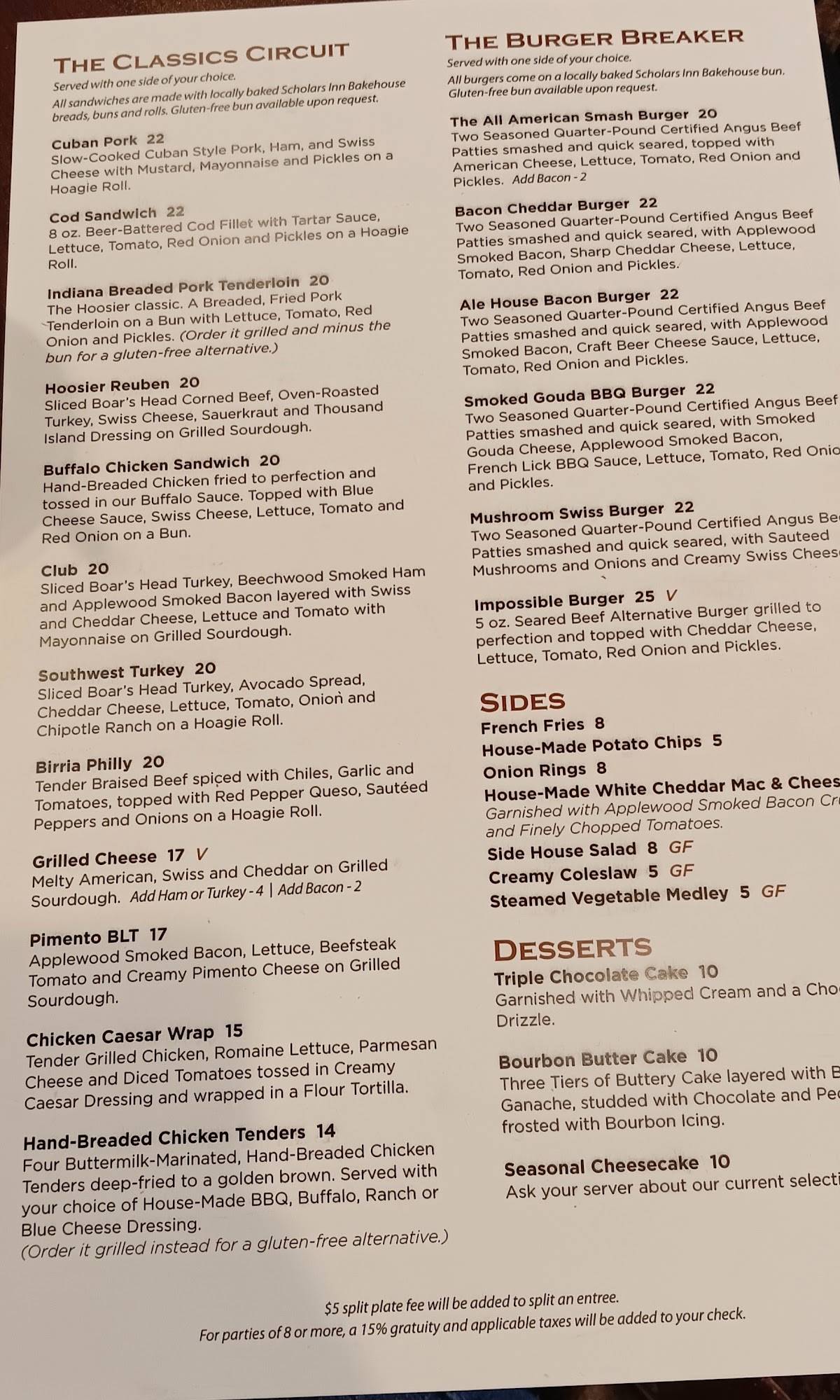 Menu at Power Plant Bar & Grill, French Lick