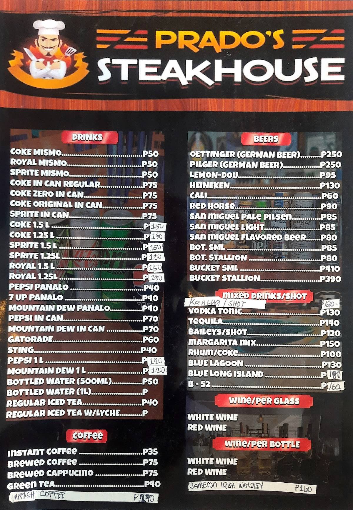 Carta de Prado's SteakHouse, Dávao
