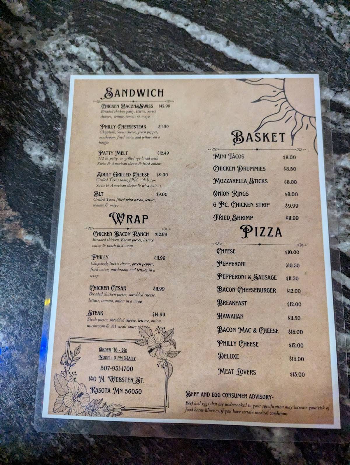 Menu at Prairie Saloon & Grill pub & bar, Kasota
