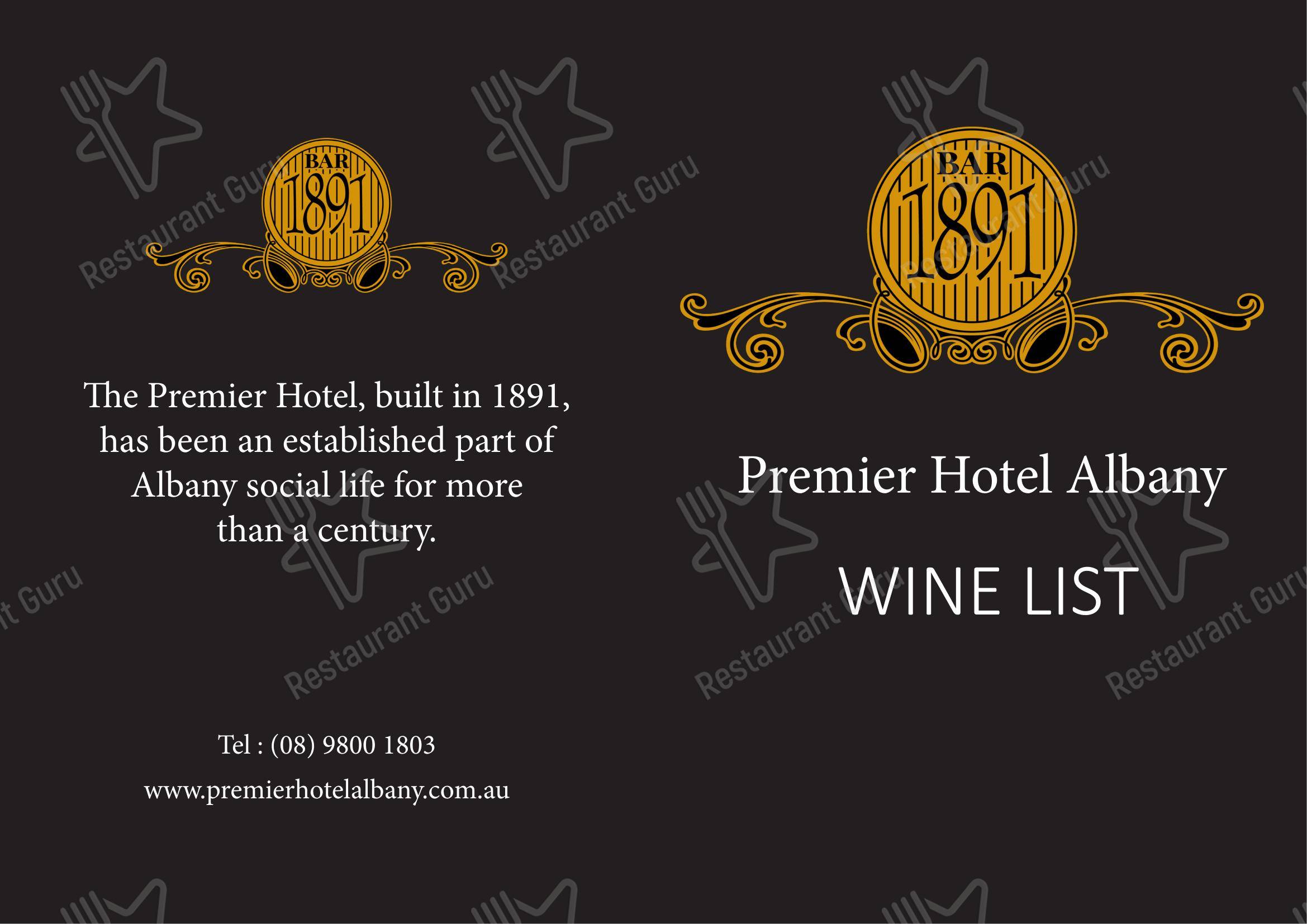 Menu at Premier Hotel Albany restaurant, Albany