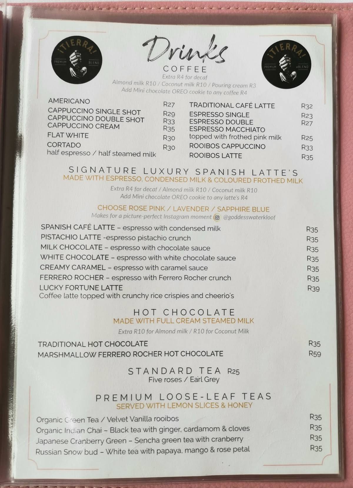Menu at Goddess Cafe Waterkloof, Pretoria