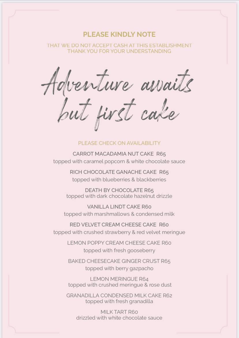 Menu at Goddess Cafe Waterkloof, Pretoria