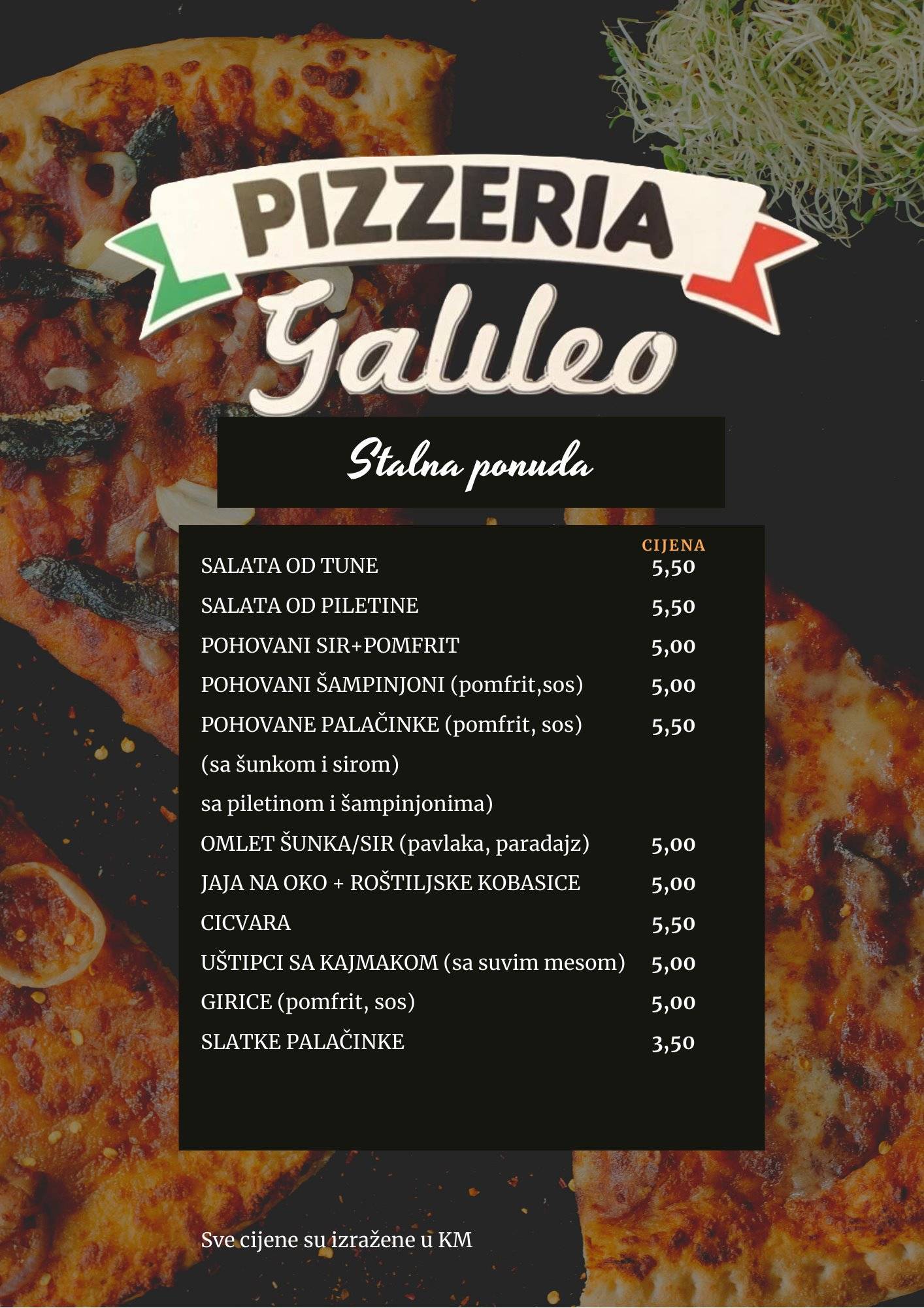 Speisekarte von Pizzeria Galileo, Prijedor