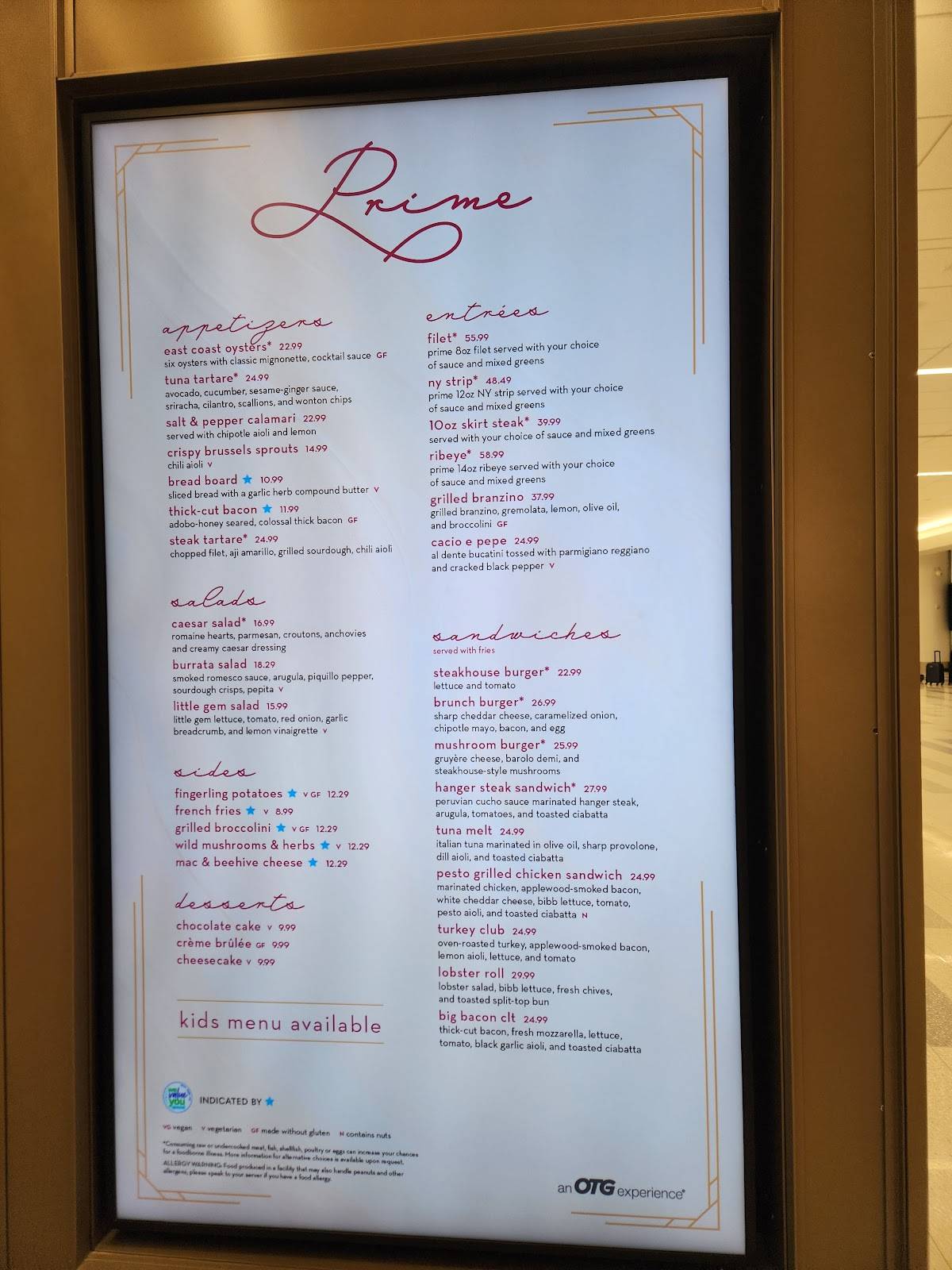 Menu at Prime Tavern restaurant, New York City