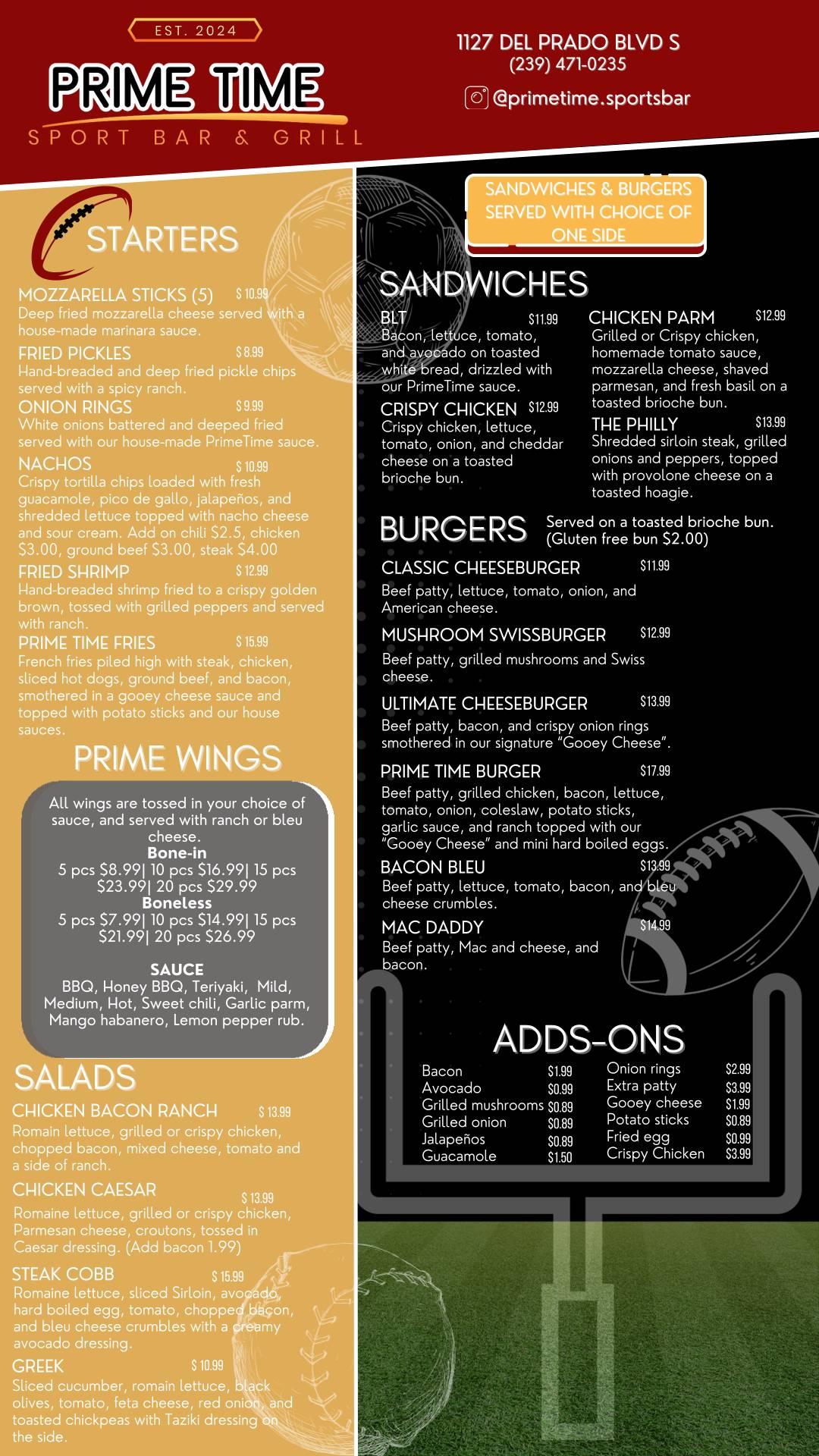 Menu at Primetime Sports Bar & Grill, Cape Coral