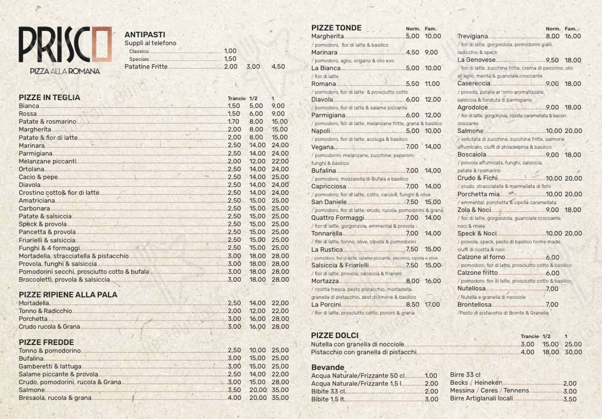 Menu da Prisco ristorante, Palermo