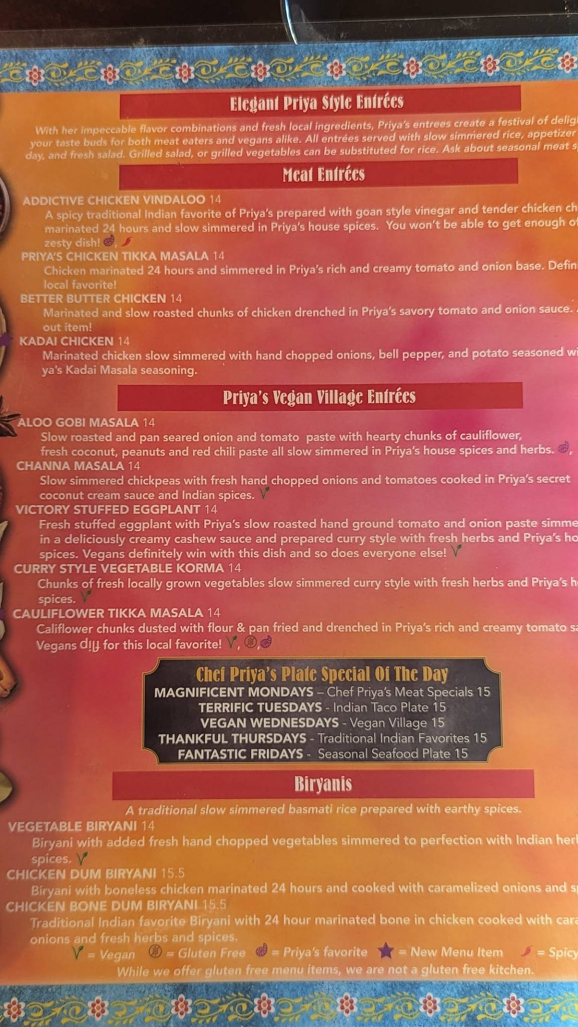 Carta del restaurante Priya's Indian Food, Lafayette