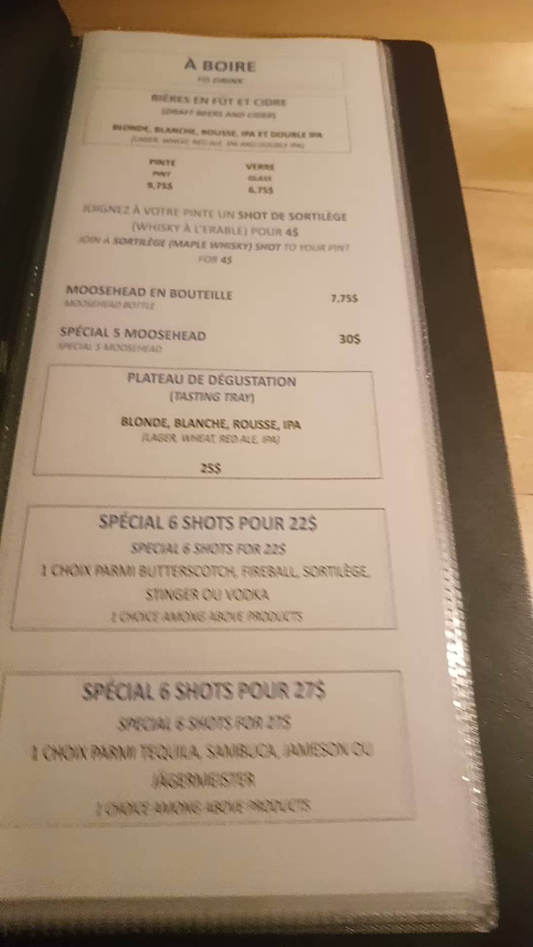 Menu at Pub Borgia, Québec City