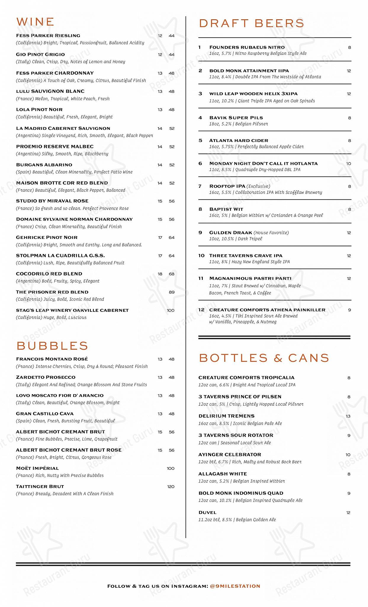 Menu at 9 Mile Station pub & bar, Atlanta, Ponce City Market