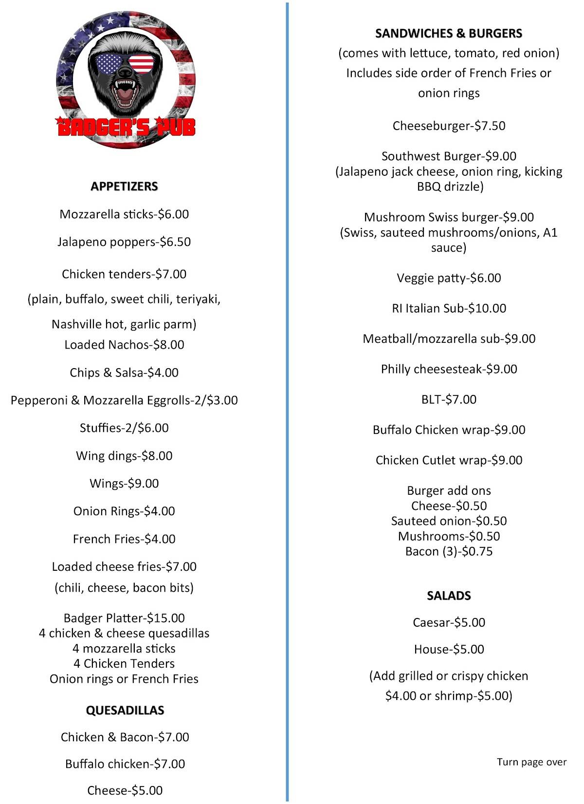 Menu at Badger's PUB, Pawtucket